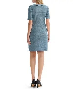 Ming Wang Tweed Knit Fringe Accent Sheath Dress