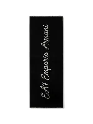 EA7 Logo-script Frayed-edge Scarf - Black