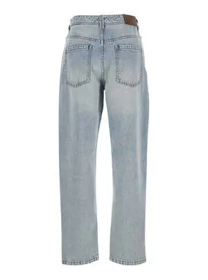 Brunello Cucinelli Light Blue Denim Jeans With Logo Patch And Contrast Stitching - Multicolor