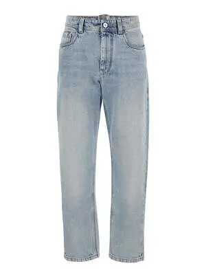 Brunello Cucinelli Light Blue Denim Jeans With Logo Patch And Contrast Stitching - Multicolor