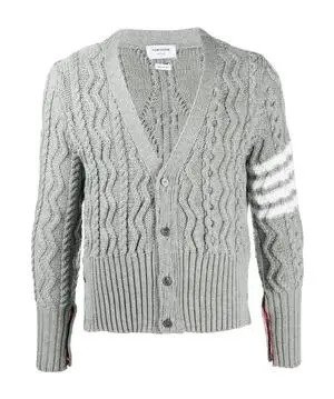 Thom Browne 4-bar Aran Cable Knit V-neck Cardigan - Light Gray