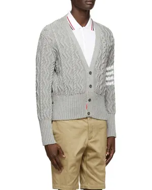 Thom Browne 4-bar Aran Cable Knit V-neck Cardigan