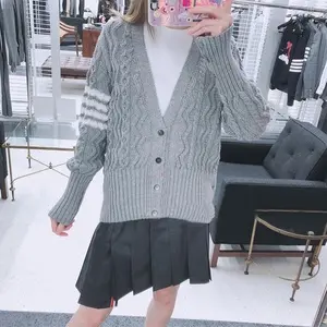 Thom Browne 4-bar Aran Cable Knit V-neck Cardigan