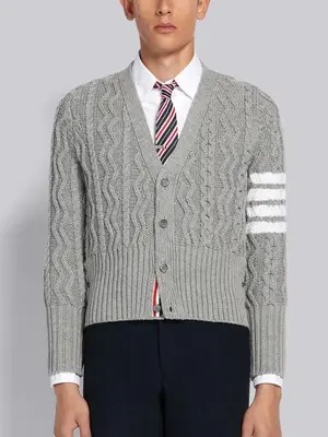 Thom Browne 4-bar Aran Cable Knit V-neck Cardigan