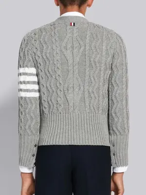 Thom Browne 4-bar Aran Cable Knit V-neck Cardigan