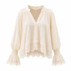 IZABELA MANDOIU Elegant Ivory Bohemian Blouse With Delicate Lace Embroidery And Romantic Bell Sleeves - White