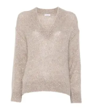 Brunello Cucinelli Sequin-embellished V-neck Sweater - Nude
