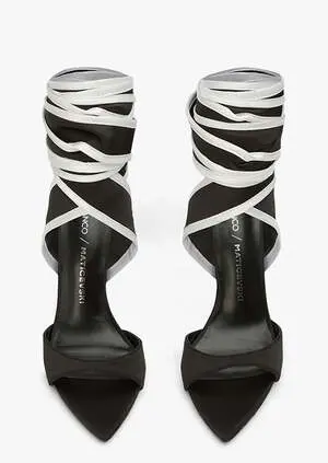 TONY BIANCO Sculptural Stiletto Heel With Wraparound Ankle Ties - Black Jersey/black White