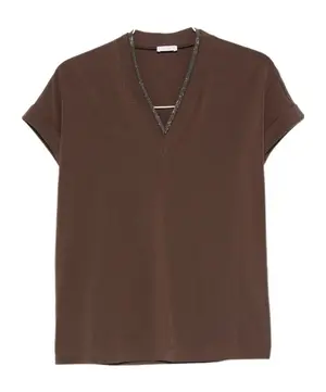 Brunello Cucinelli Monili Trim V-neck T-shirt - Brown