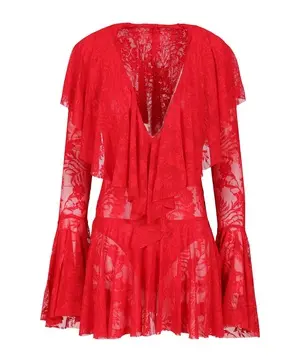 Norma Kamali Long Sleeve Deep V Ruffle Mini Dress - Tiger Red