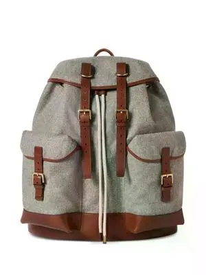 Brunello Cucinelli Virgin Wool, Alpaca And Cashmere Flannel Field Backpack With Grained Calfskin Inserts - Grey