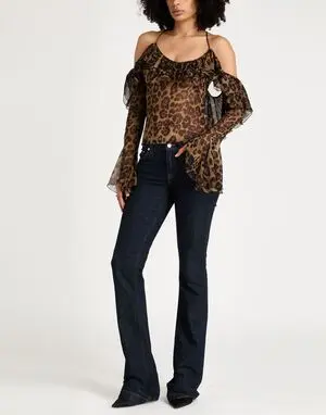 Blumarine Silk Chiffon Leopard Print Ruffled Off-the-shoulder Top
