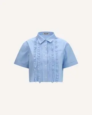 Miu Miu Cropped Poplin Shirt With Ruffle Details - Light Blue