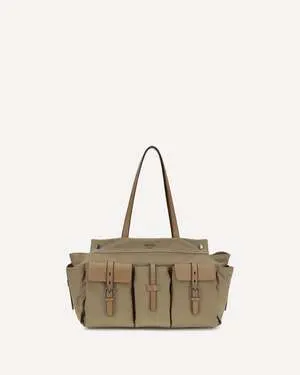 Prada Route Tote Bag In Canvas And Leather - Khaki