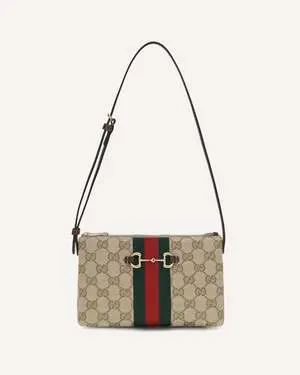 Gucci Gg Print Shoulder Bag With Horsebit Detail - Beige