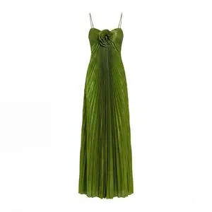 Mac Duggal Sleeveless Metallic Pleated Gown With Flower Accent - Green