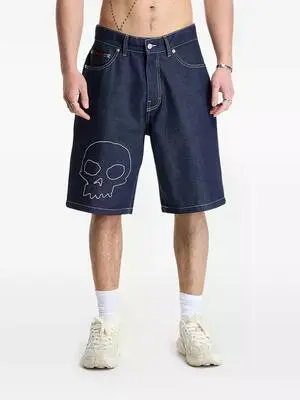 PLEASURES Skull Embroidered Denim Shorts