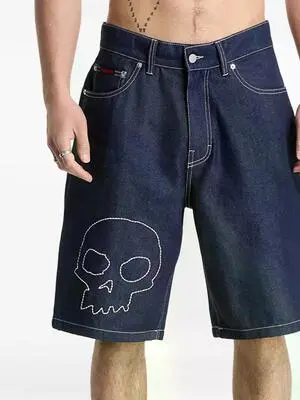 PLEASURES Skull Embroidered Denim Shorts