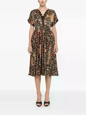 NISSA Floral Print Viscose Midi Dress - Black