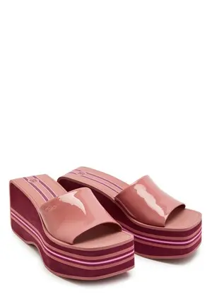 Chloé Patent Leather Striped Wedge Mules - Pink