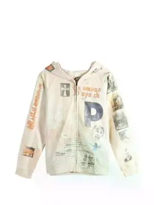 SAITOS Distressed Graphic Zip-up Hoodie - Neutrals