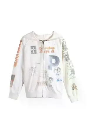 SAITOS Long Live Rock Graphic Print Distressed Zip-up Hoodie - Neutrals