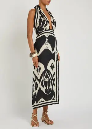 Johanna Ortiz Halterneck Linen Midi Dress With Printed Detail - Black