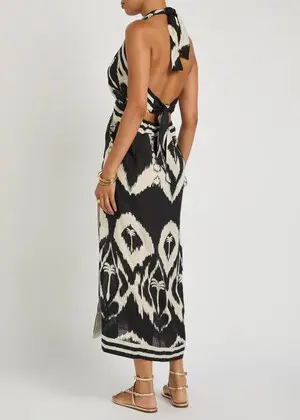 Johanna Ortiz Halterneck Linen Midi Dress With Printed Detail - Black