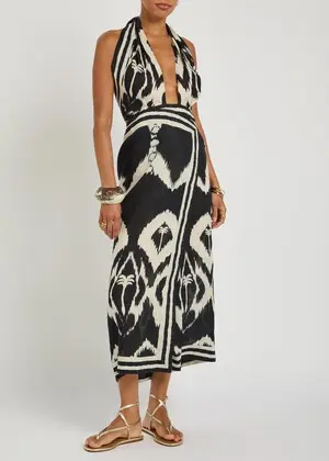 Johanna Ortiz Halterneck Linen Midi Dress With Printed Detail - Black