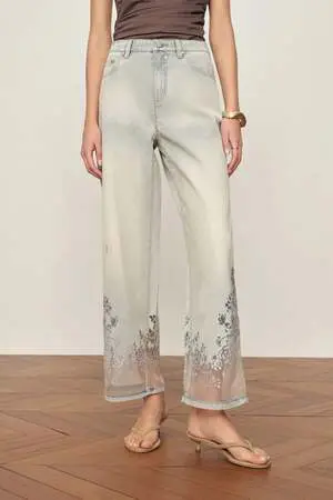 Fabrique Ariel Straight Cropped Jeans In Transparent Burnout Denim - Grey
