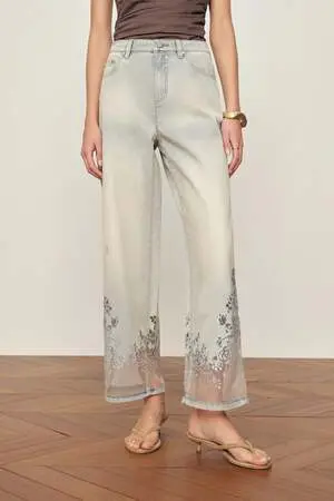 Fabrique Ariel Straight Cropped Jeans In Transparent Burnout Denim - Grey