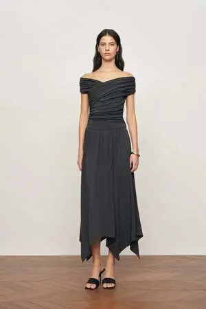 Fabrique Isabella Smocked Drape Sleeveless Dress In Brushed Cotton Blend - Grey