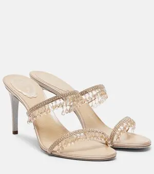 Rene Caovilla Embellished Satin Mules - Gold