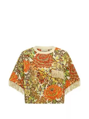 ALEMAIS Floral Print Fringe Trim T-shirt - Orange