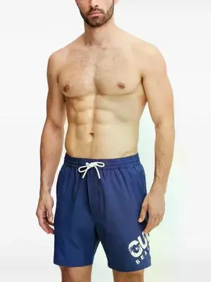 Guess Logo Print Drawstring Swim Shorts - Blue