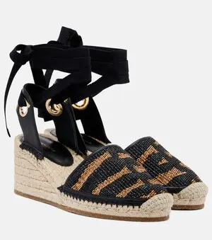 FERRAGAMO Animal-print Raffia Espadrille Wedges - Black
