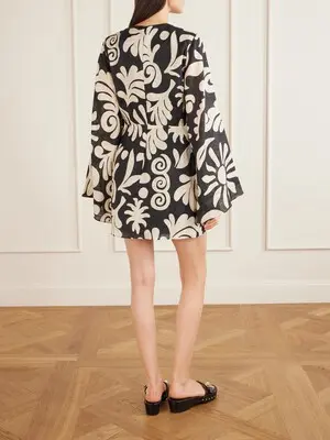 CALA DE LA CRUZ Vera Embellished Cutout Printed Linen Mini Dress