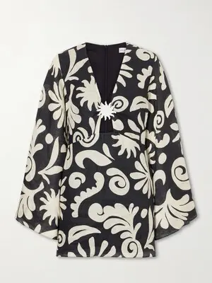 CALA DE LA CRUZ Vera Embellished Cutout Printed Linen Mini Dress - Black