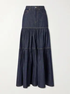 Saint Laurent Tiered Denim Maxi Skirt - Blue