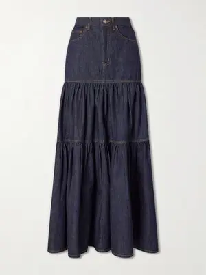 Saint Laurent Tiered Denim Maxi Skirt - Blue