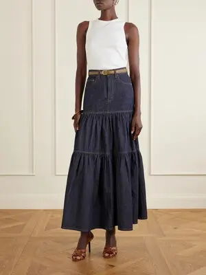 Saint Laurent Tiered Denim Maxi Skirt - Blue
