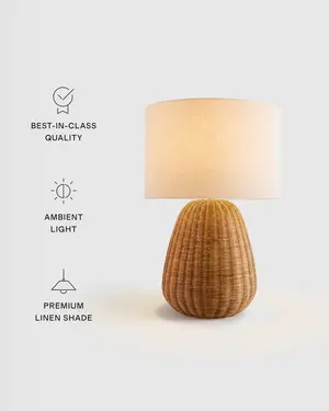 Quince Natural Rattan Table Lamp With Linen Shade - Medium Brown