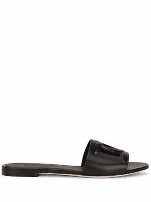 Dolce & Gabbana Low Slides In Leather With Dg Logo - Black