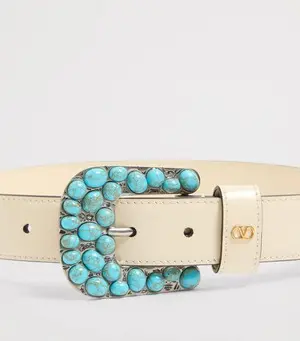 Valentino Garavani Leather Vlogo Signature Belt With Gemstone Embellishments - Ivory