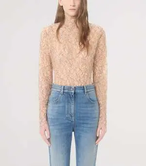 Valentino Garavani Lace Floral Bodysuit With Ruffled Collar - Nude