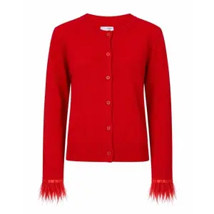 ATS THE LABEL Nemi Feather Trim Knit Cardigan - Red