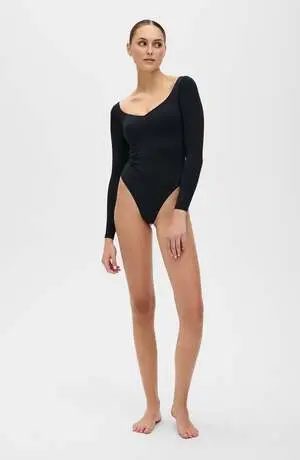 ELASTIQUE ATHLETICS Iconic Compression Long Sleeve Bodysuit Thong - Black