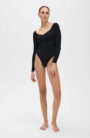 ELASTIQUE ATHLETICS Iconic Compression Long Sleeve Bodysuit Thong - Black