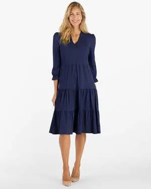Jude Connally Tiered Midi Dress With V-neckline And Flutter Cuffs - Navy