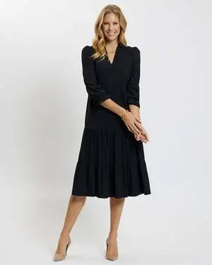 Jude Connally Jude Connally Maggie Tiered Midi Dress With Flutter Smocked Cuff Sleeves Black